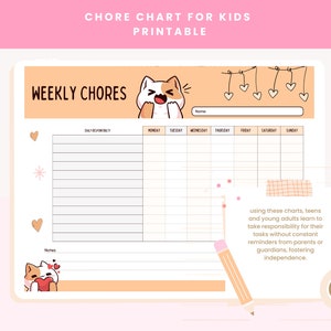 Kawaii CAT Chore Chart Printable, Chore Chart for Kids, Weekly Chore ...