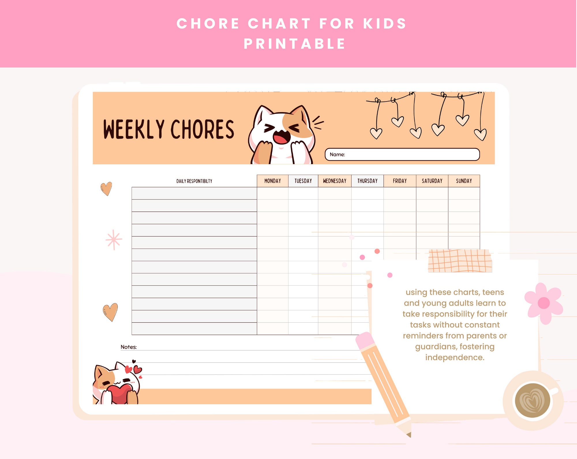 Kawaii CAT Chore Chart Printable, Chore Chart for Kids, Weekly Chore ...