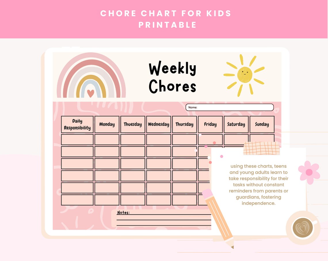 Rainbow Chore Chart for Kids Printable, Chore Chart Printable, Weekly ...