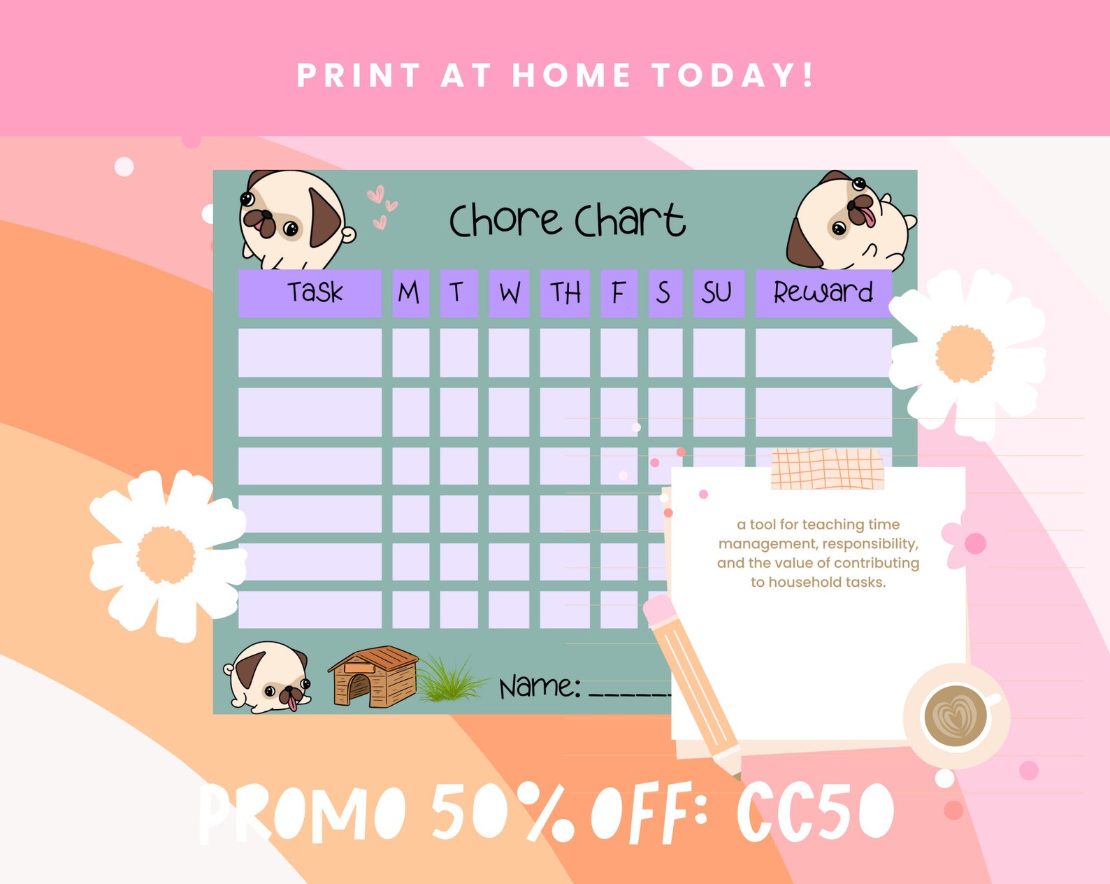 Printable Chore Chart for Kids, Reward Chart, Behavior Chart, Family ...