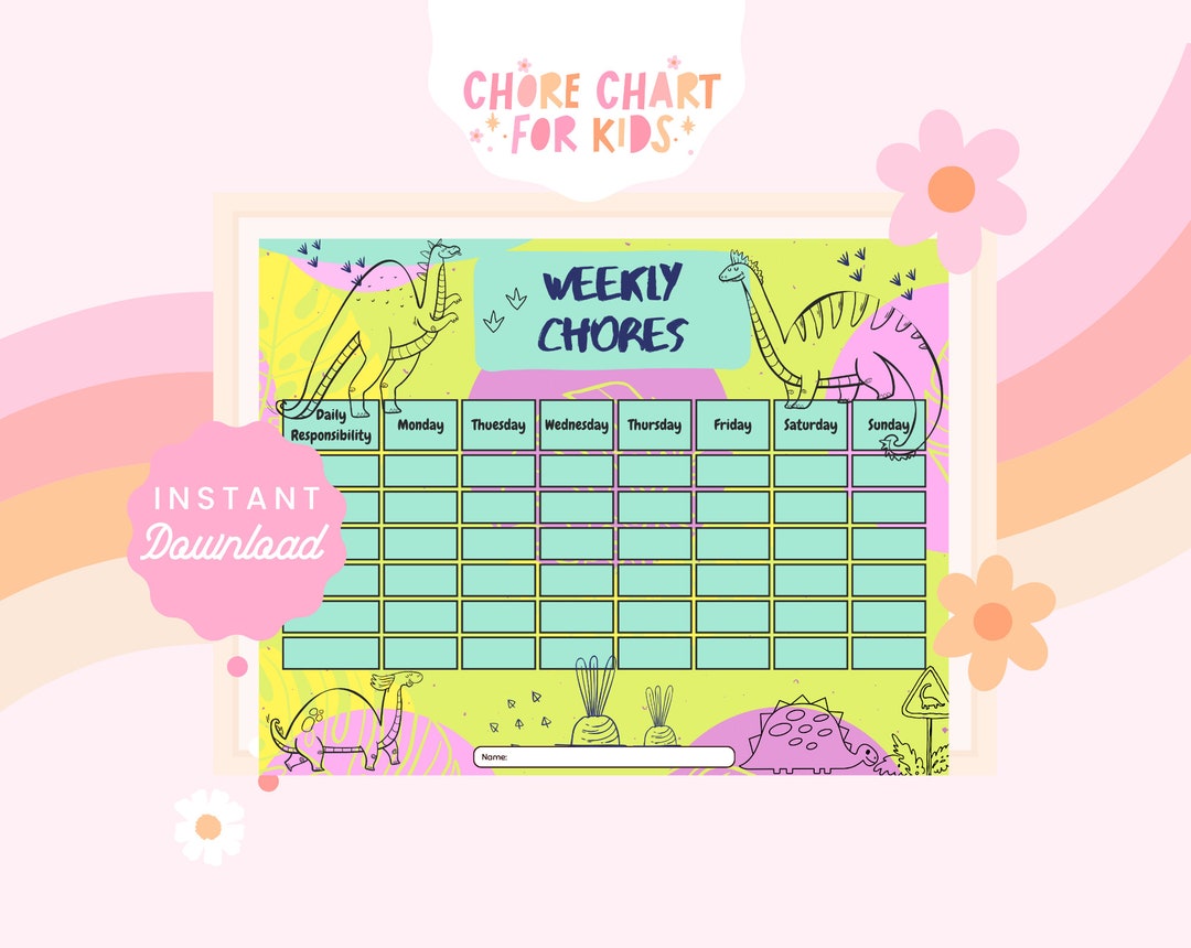 Dinosaur Chore Chart Printable, Chore Chart for Kids Printable, Weekly ...