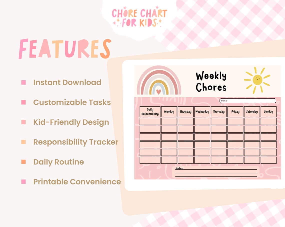 Rainbow Chore Chart for Kids Printable, Chore Chart Printable, Weekly ...