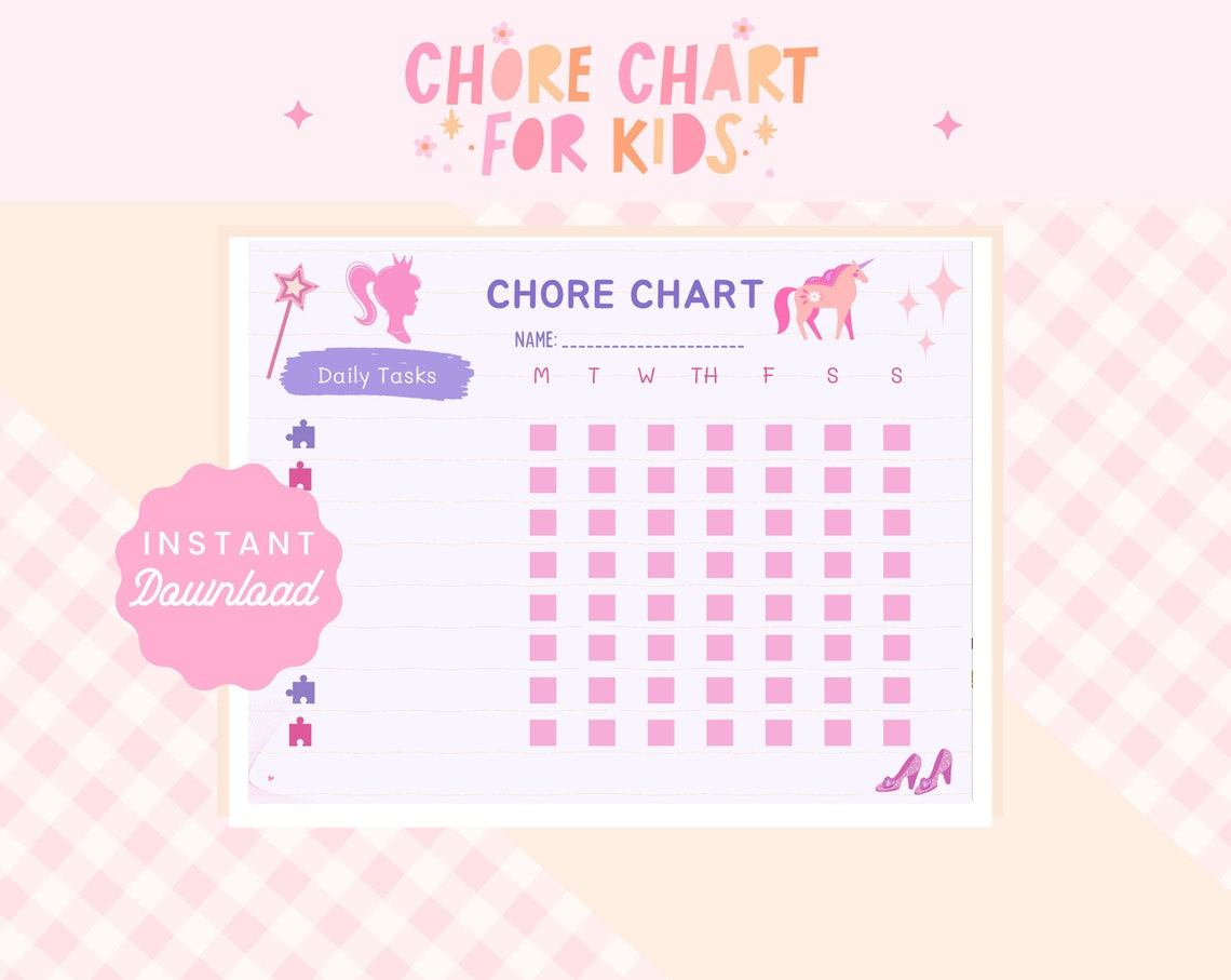Princess Chore Chart for Kids Printable, Weekly Chore Chart, Reward ...