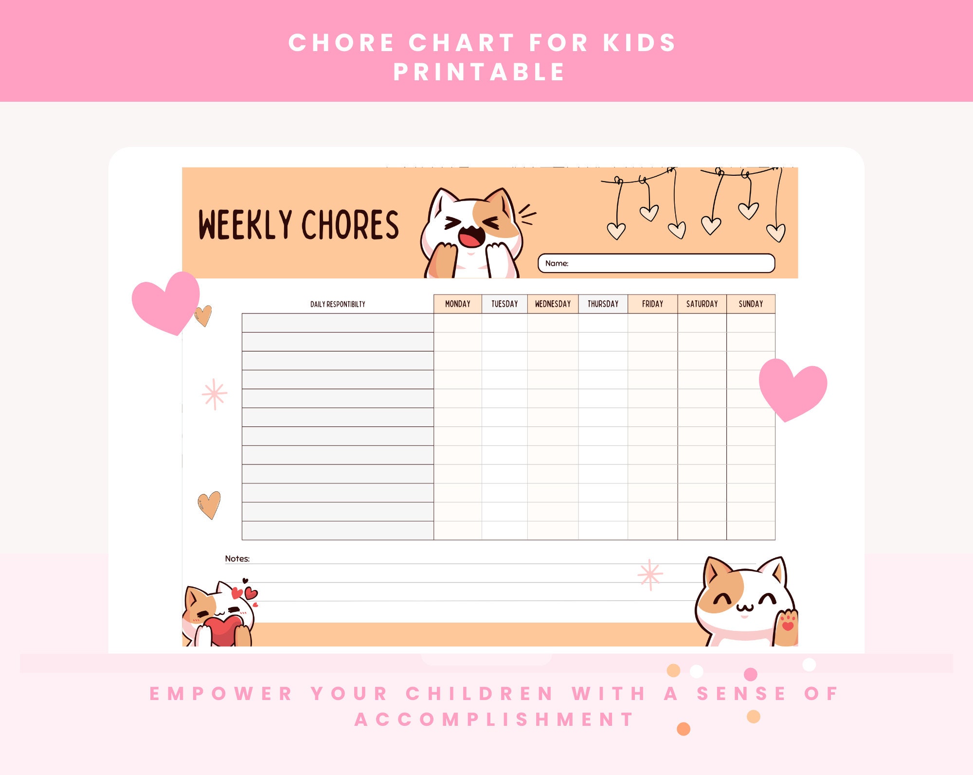 Kawaii CAT Chore Chart Printable, Chore Chart for Kids, Weekly Chore ...