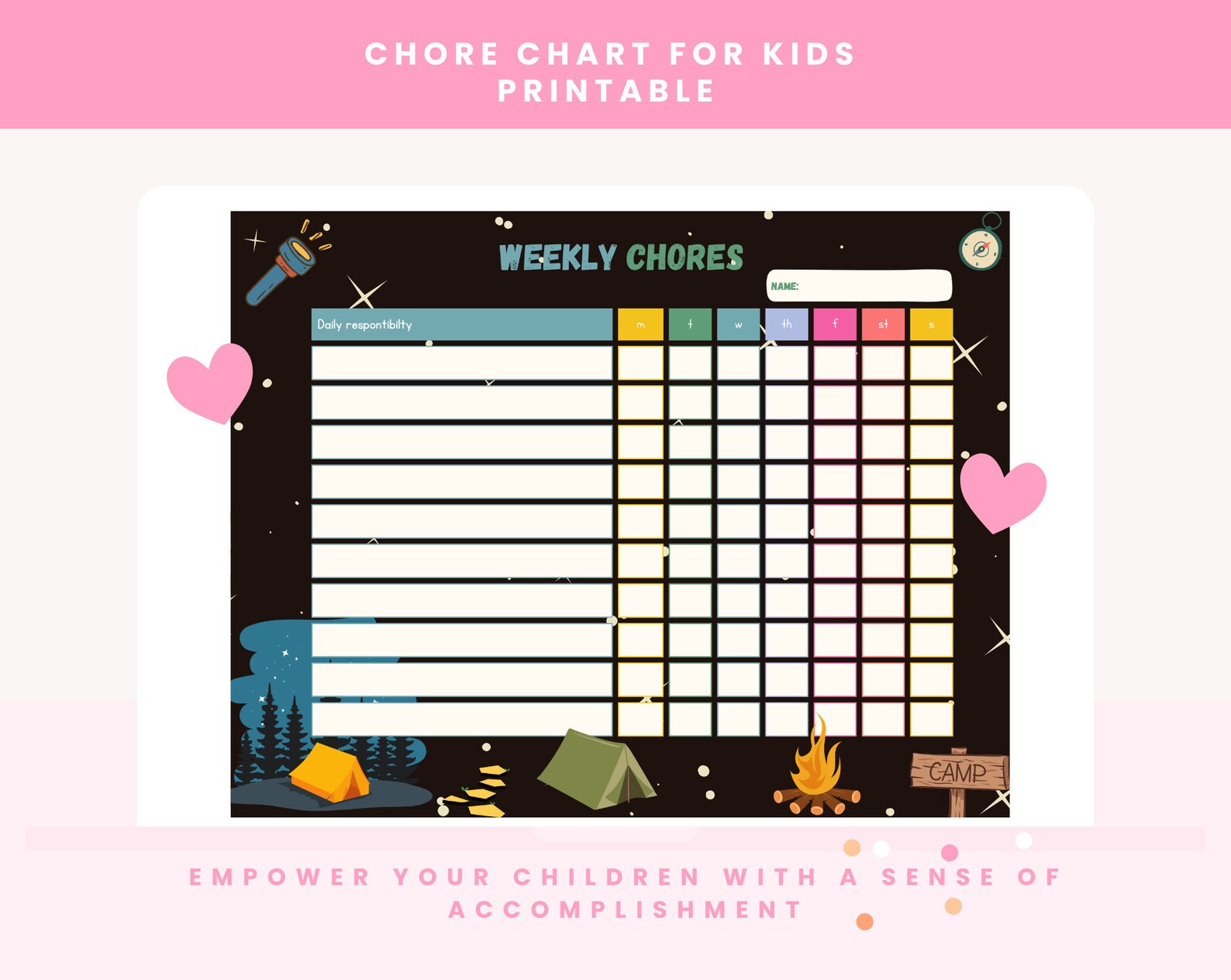 Camping Chore Chart Printable, Chore Chart for Kids Printable, Weekly ...
