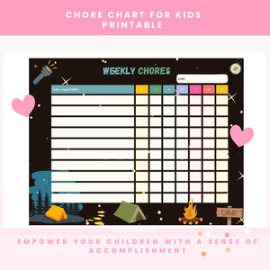 Camping Chore Chart Printable, Chore Chart for Kids Printable, Weekly ...