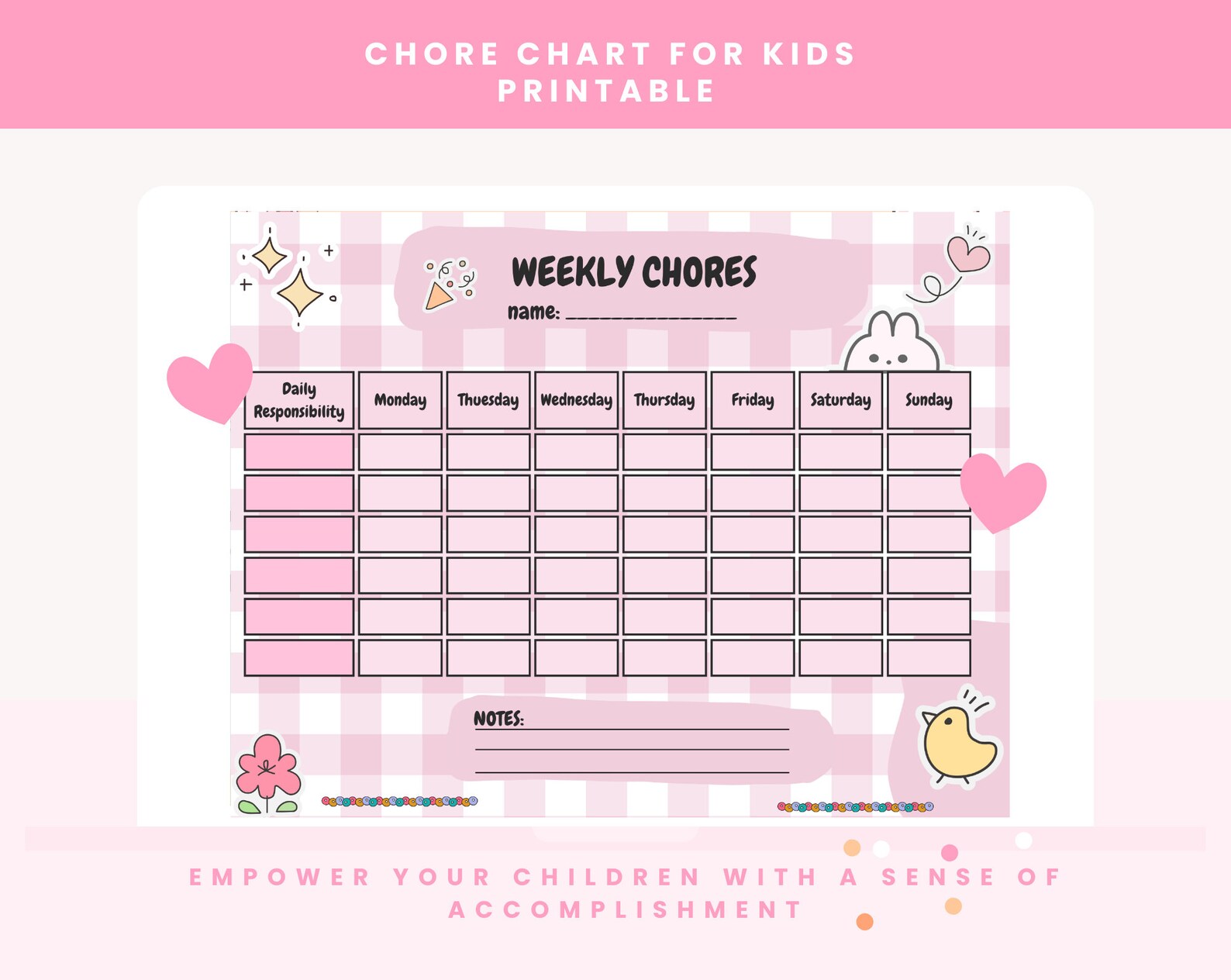Kawaii Chore Chart Printable, Chore Chart for Kids Printable, Weekly ...