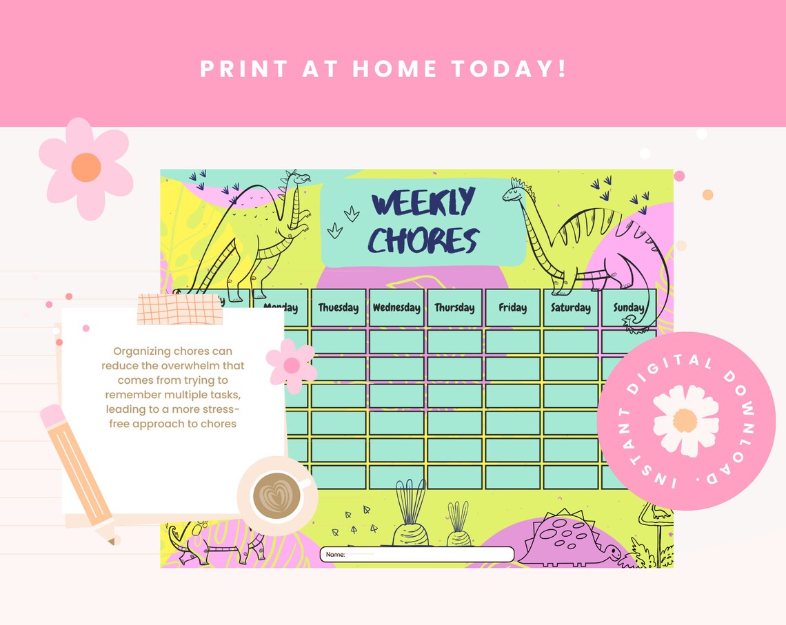 Dinosaur Chore Chart Printable, Chore Chart for Kids Printable, Weekly ...