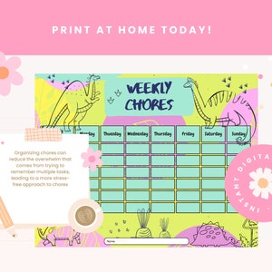 Dinosaur Chore Chart Printable, Chore Chart for Kids Printable, Weekly ...