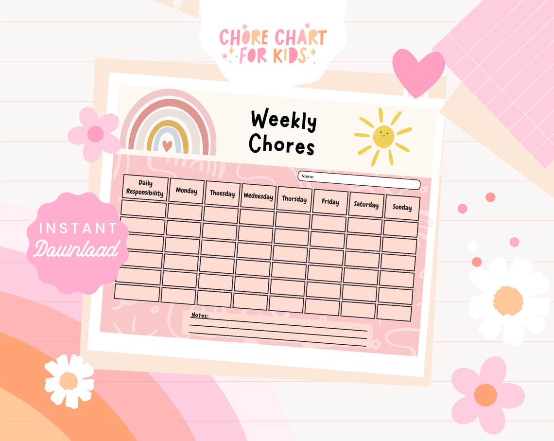 Rainbow Chore Chart for Kids Printable, Chore Chart Printable, Weekly ...