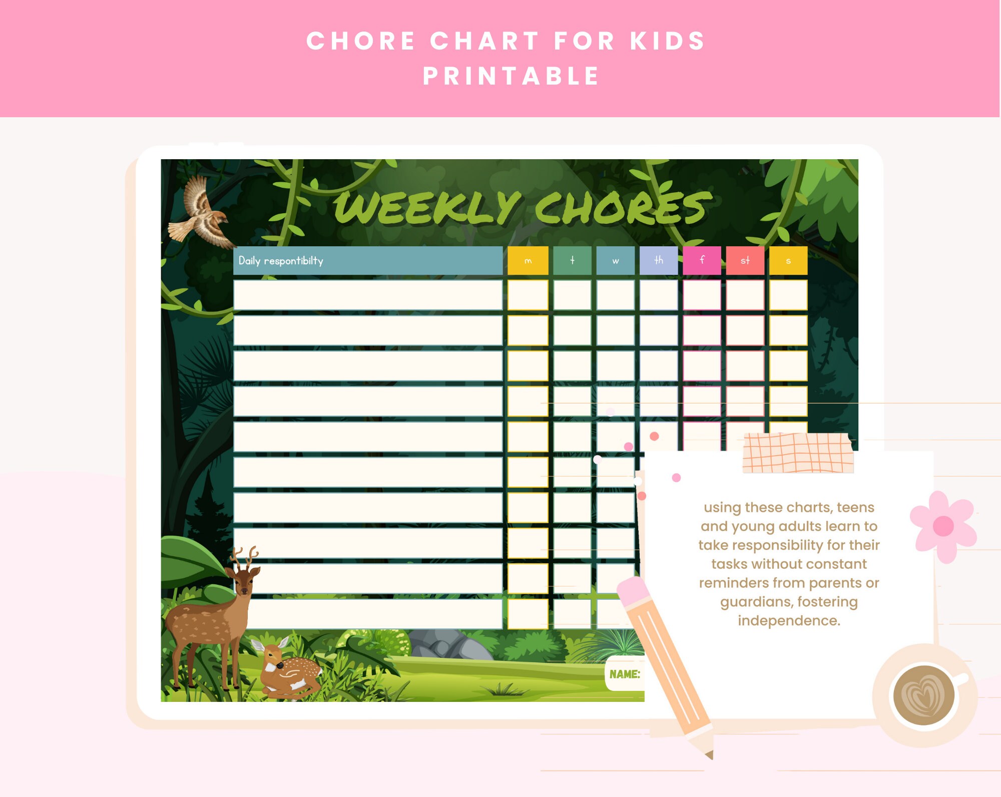 Forest Chore Chart Printable, Chore Chart for Kids Printable, Weekly ...