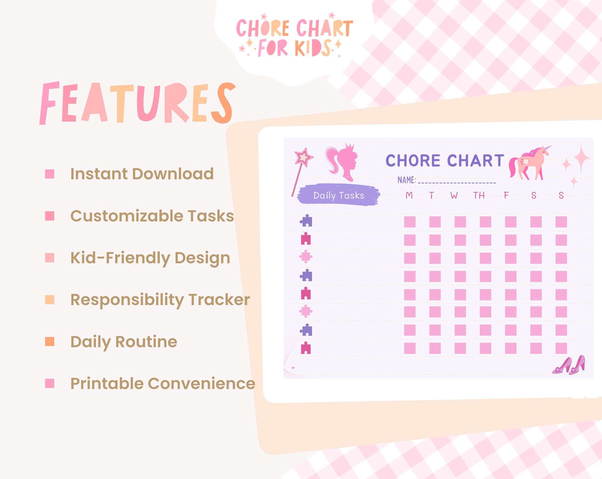 Princess Chore Chart for Kids Printable, Weekly Chore Chart, Reward ...