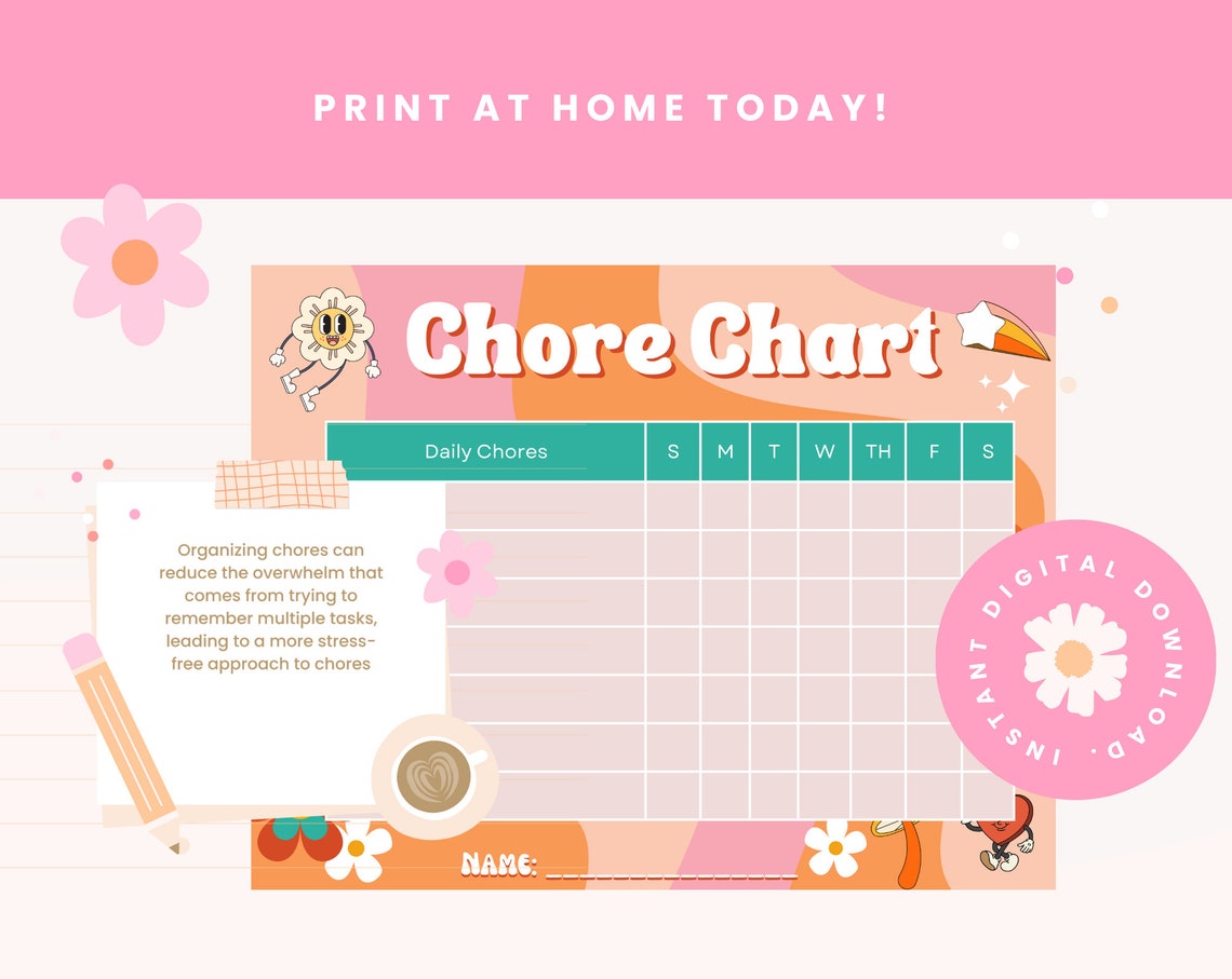 Groovy Retro Chore Chart Printable, Chore Chart for Kids Printable ...