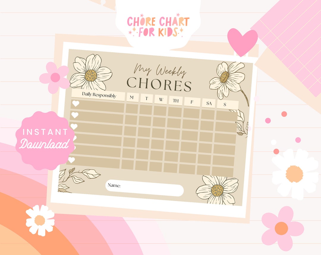 Pre-teen Chore Chart Printable, Chore Chart for Kids Printable, Weekly ...
