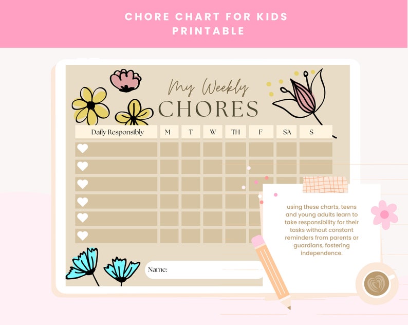 Kids Floral Chore Chart Printable, Reward Chart, Pre-teen Chore Chart ...