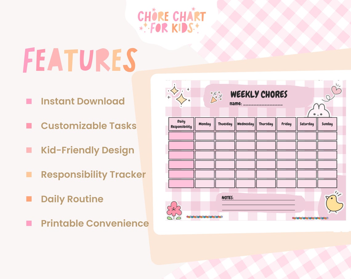 Kawaii Chore Chart Printable, Chore Chart for Kids Printable, Weekly ...