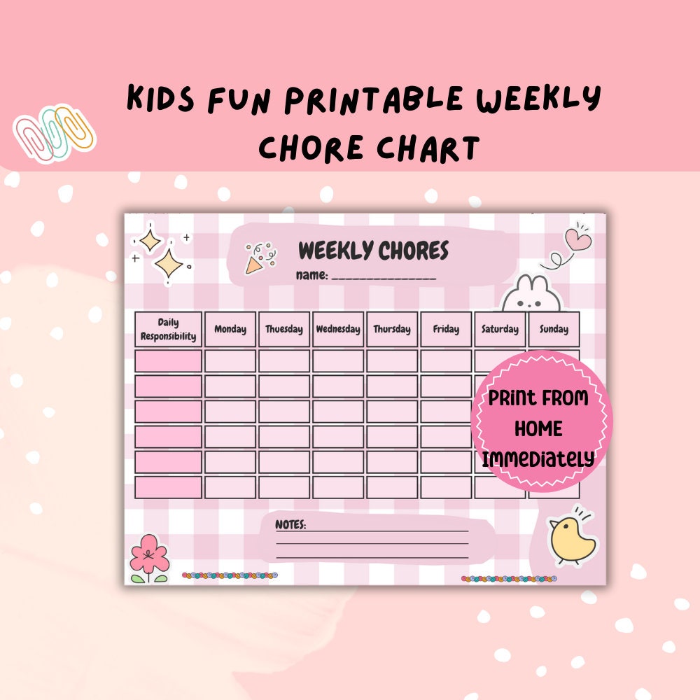 Chore Chart Printable, Chore Chart for Kids Printable, Weekly Chore ...