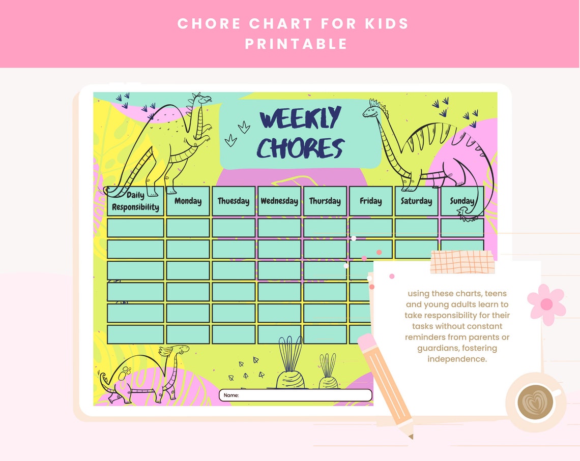 Dinosaur Chore Chart Printable, Chore Chart for Kids Printable, Weekly ...