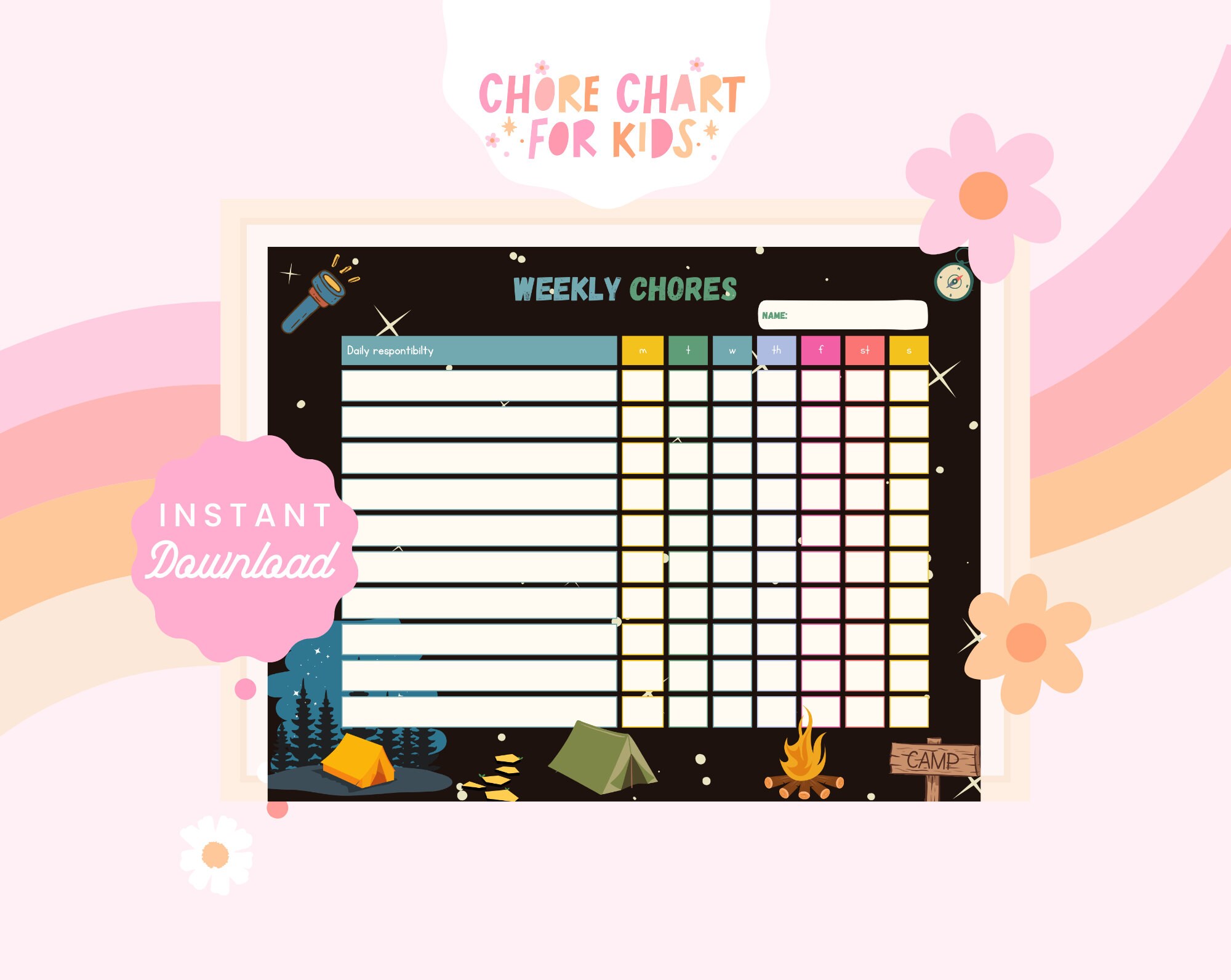 Camping Chore Chart Printable, Chore Chart for Kids Printable, Weekly ...