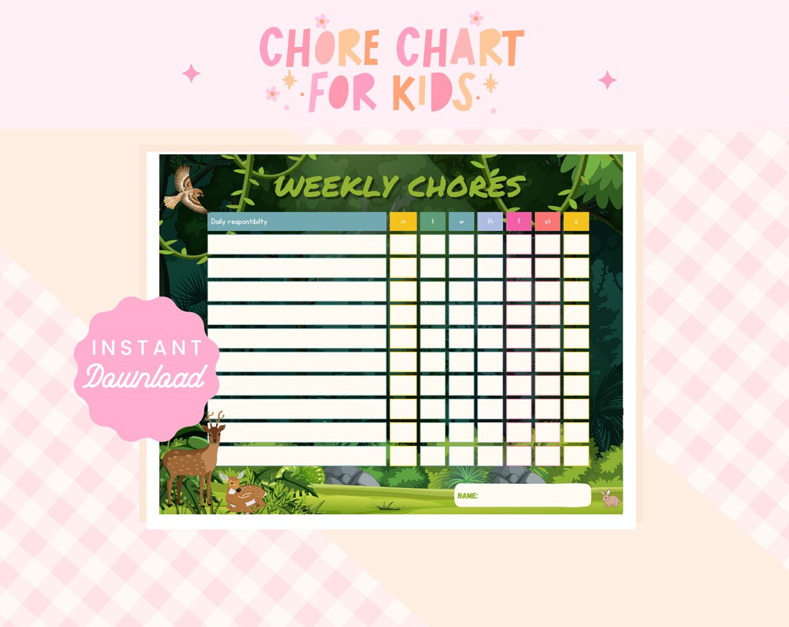 Forest Chore Chart Printable, Chore Chart for Kids Printable, Weekly ...