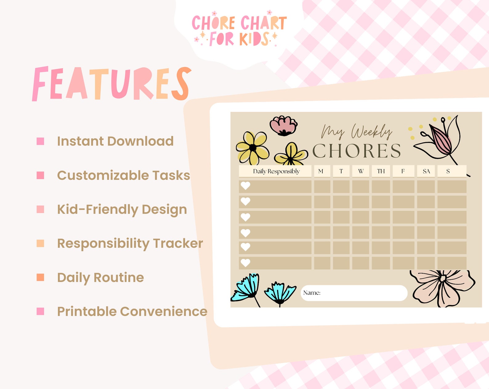 Kids Floral Chore Chart Printable, Reward Chart, Pre-teen Chore Chart ...