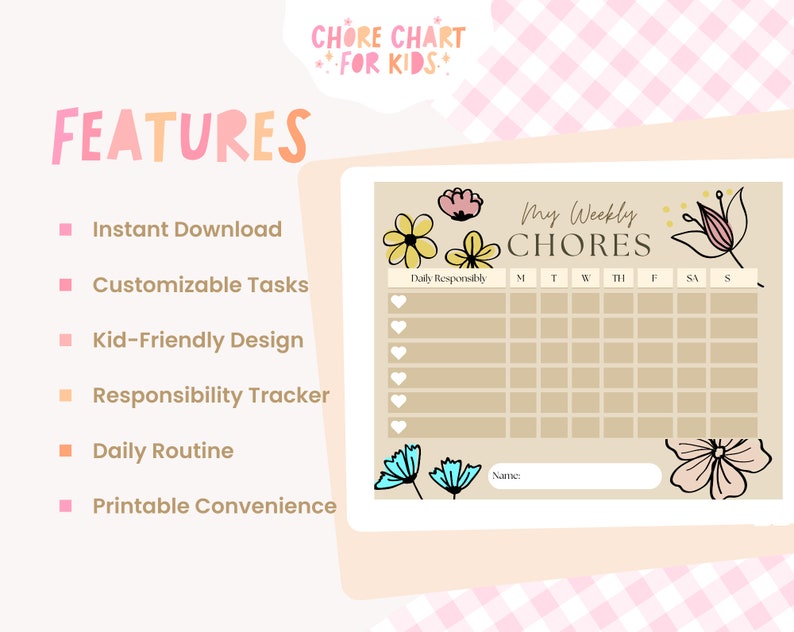 Kids Floral Chore Chart Printable, Reward Chart, Pre-teen Chore Chart ...