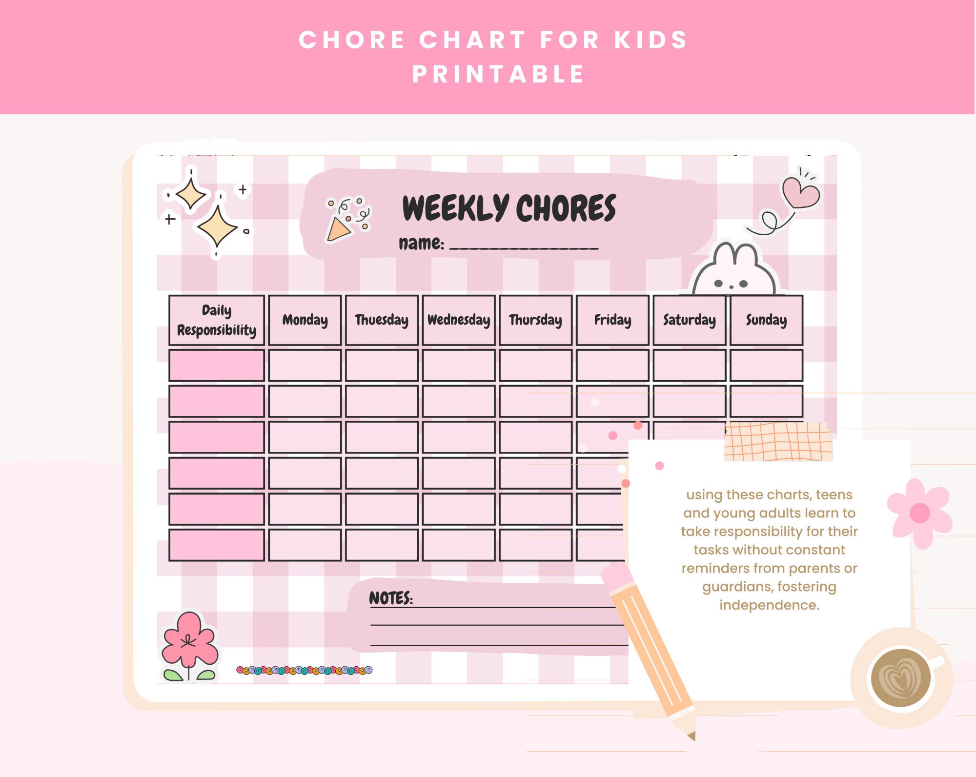 Kawaii Chore Chart Printable, Chore Chart for Kids Printable, Weekly ...