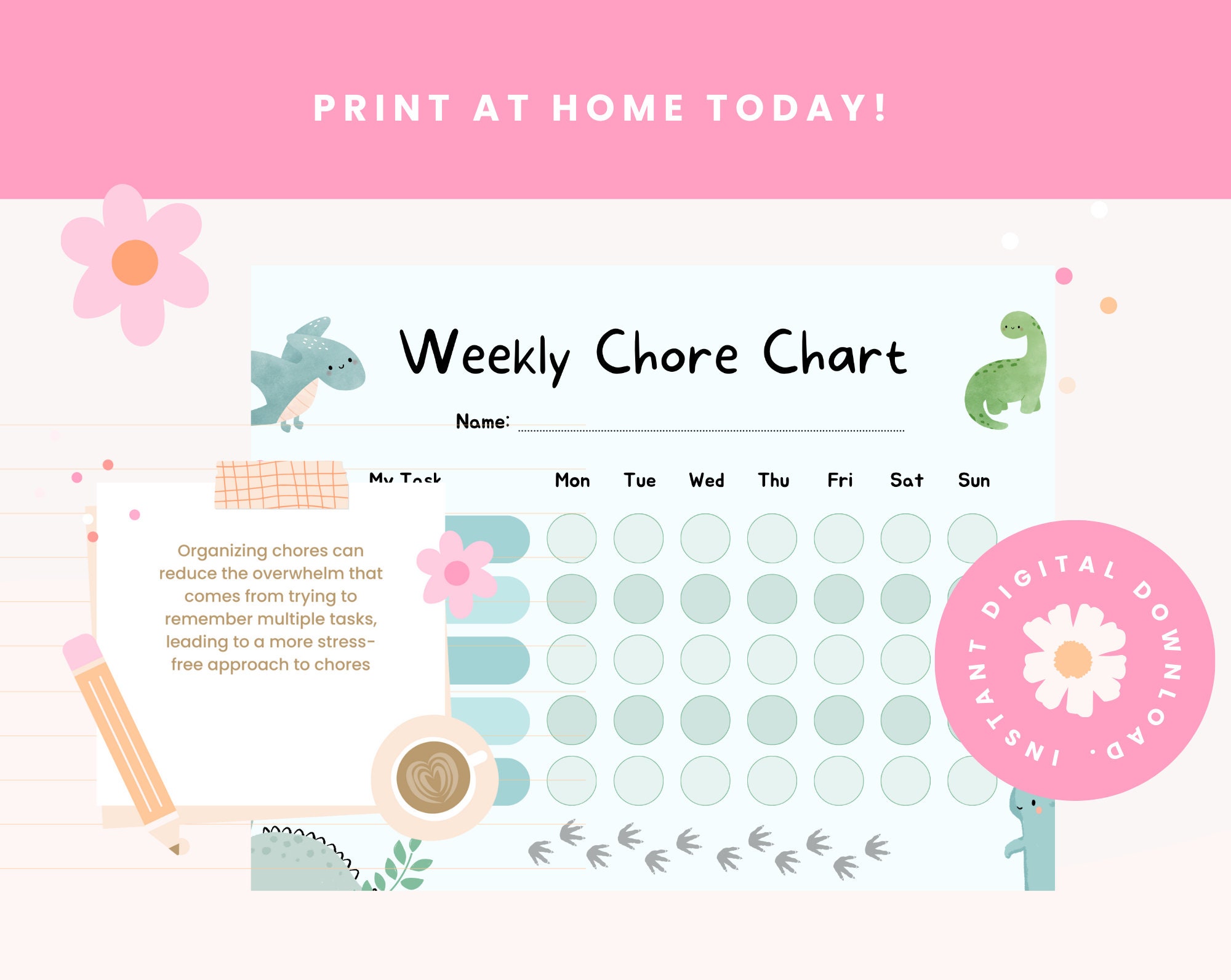 Baby Dinosaur Chore Chart Printable, Chore Chart for Kids Printable ...