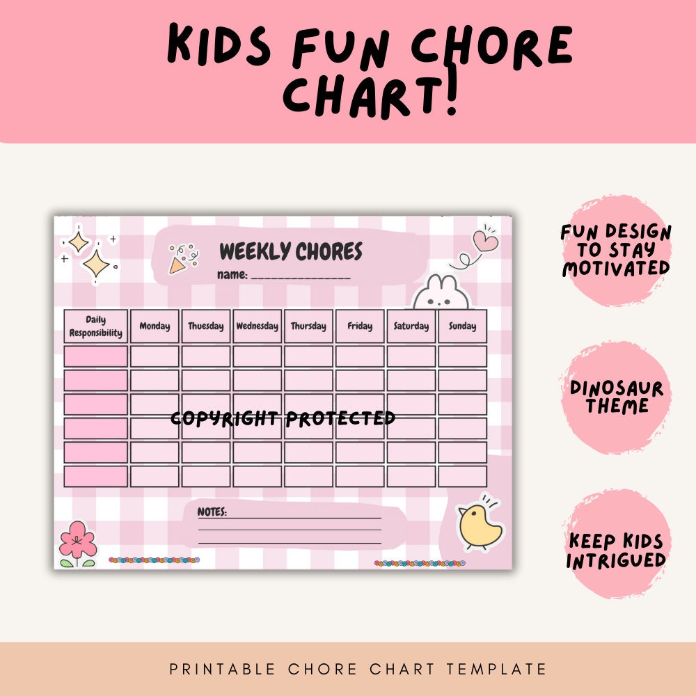 Chore Chart Printable, Chore Chart for Kids Printable, Weekly Chore ...