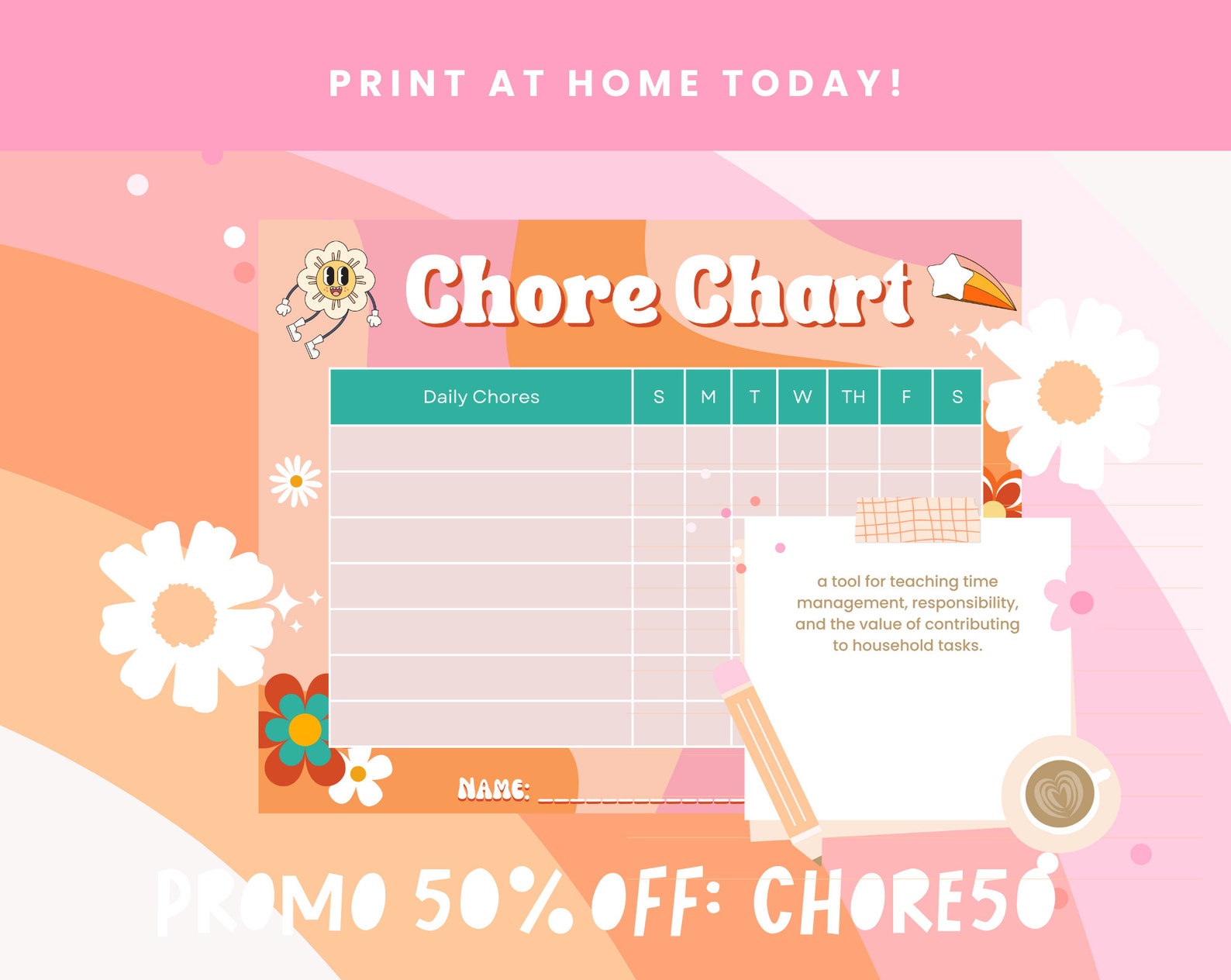 Groovy Retro Chore Chart Printable, Chore Chart for Kids Printable ...