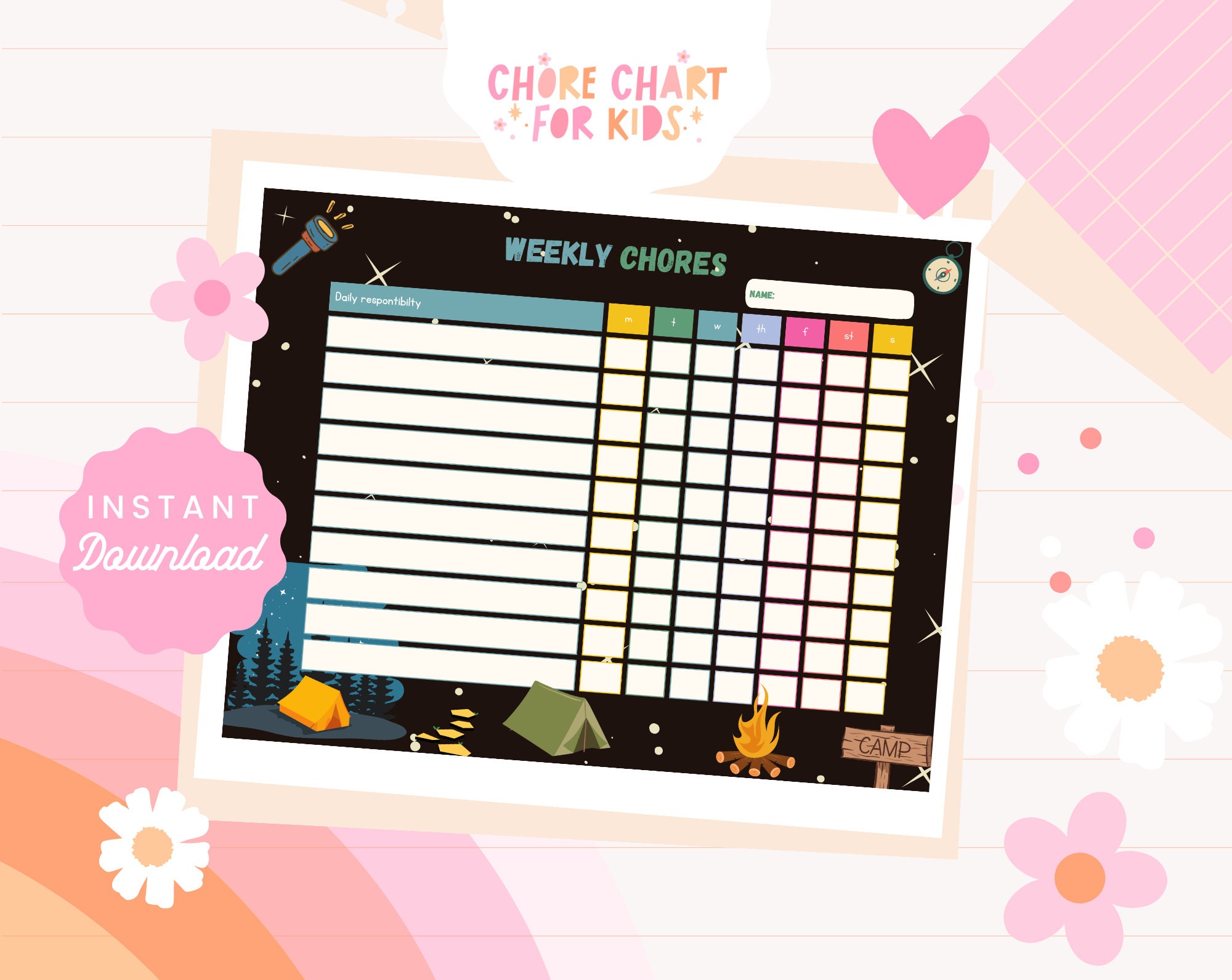 Camping Chore Chart Printable, Chore Chart for Kids Printable, Weekly ...