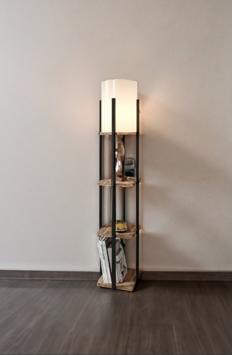 Wooden Floor Lamp With Shelf Rustic Floor Lamp Pine Wood - Etsy