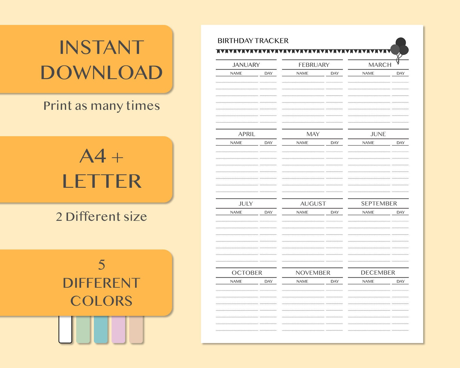 Printable & Fillable Birthday Tracker, Birthday Log, Birthday Reminder ...