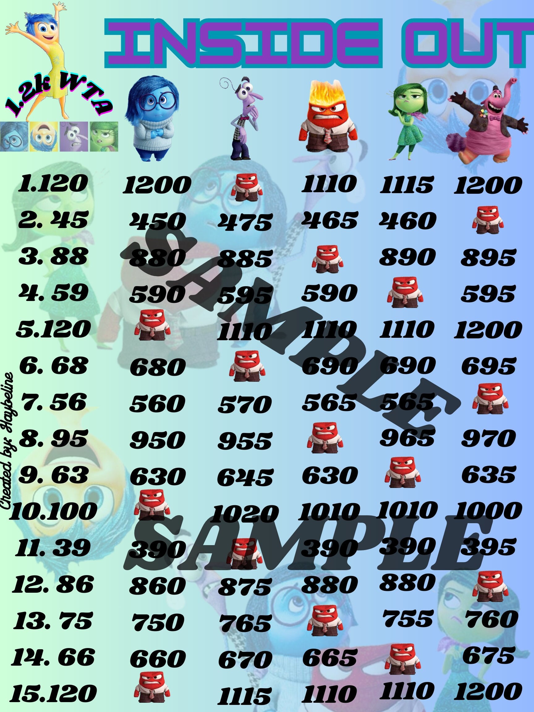 NEW! 1.2K WTA Bingo Board- Inside Out Theme- 2 for 1 - Etsy