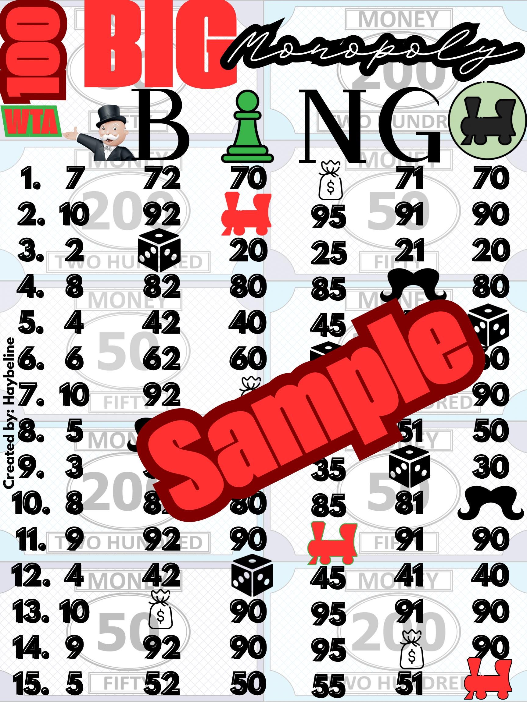 NEW! 100 WTA Bingo Board- Monopoly- 2 Versions of WTA - Etsy