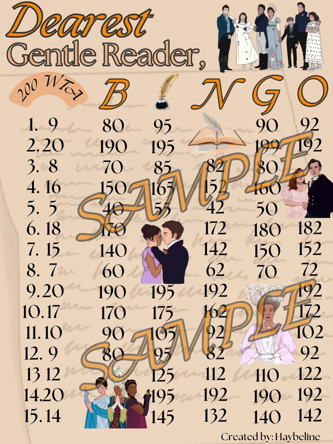 NEW! 200 WTA Bingo Board- Bridgerton- Dearest Gentle Reader Edition - Etsy