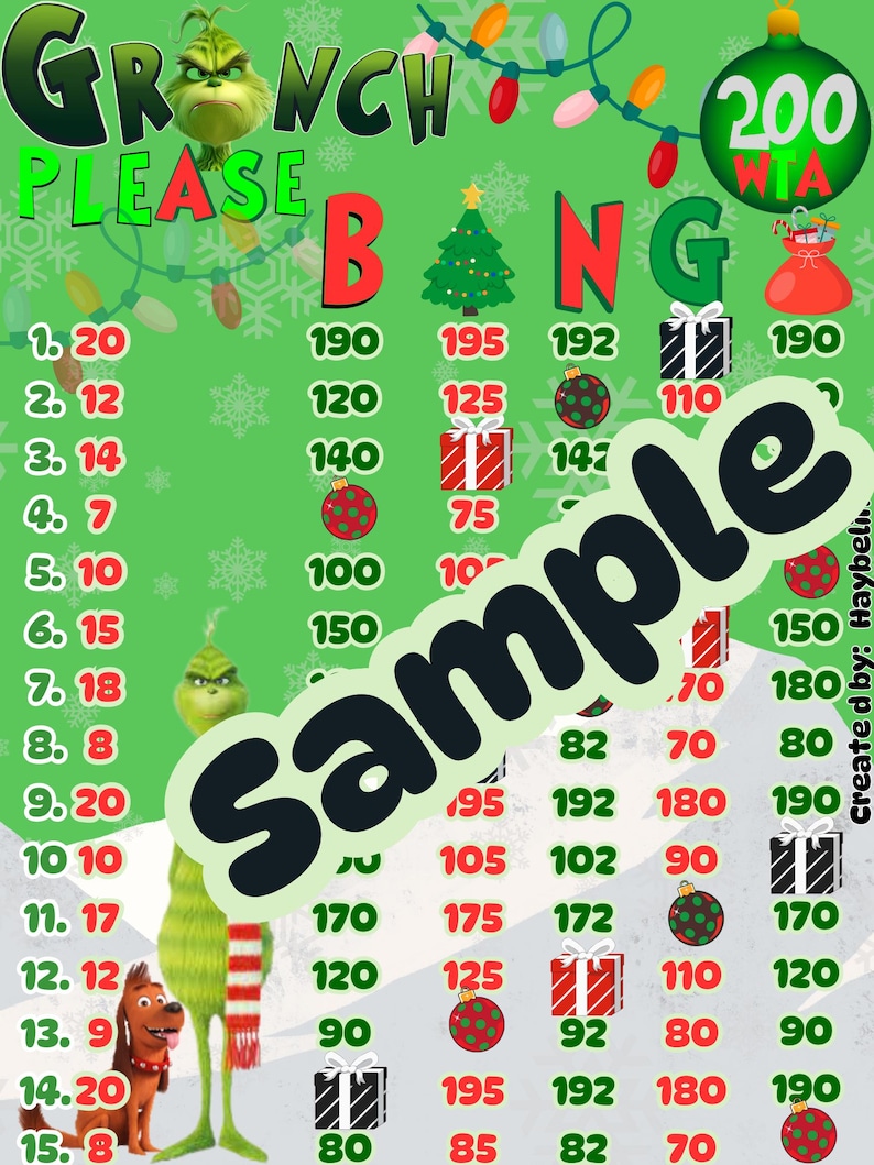 NEW!! 200 WTA Bingo Board- Grinch Please!! - Etsy