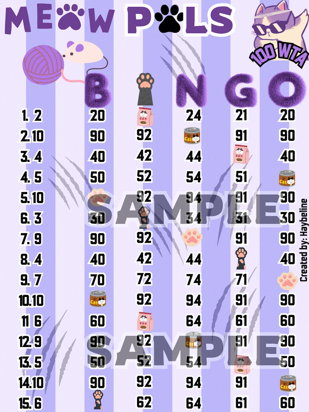 NEW! 100 WTA Bingo Board- Meow Pals - Etsy