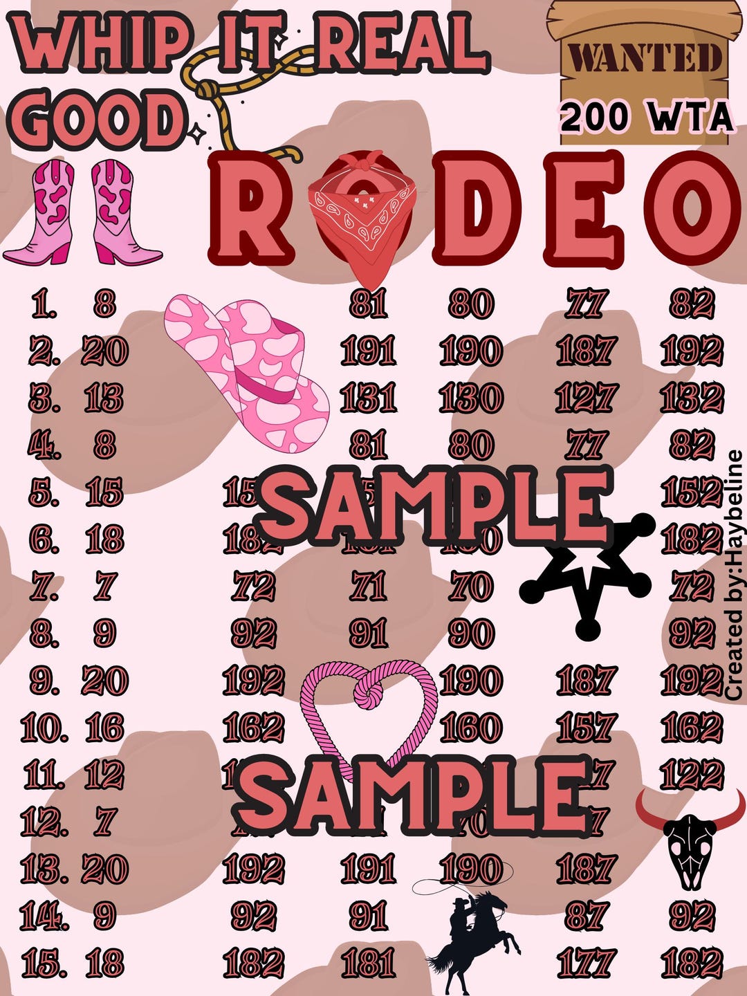 NEW!! 200 WTA Bingo Board- Rodeo Themed - Etsy