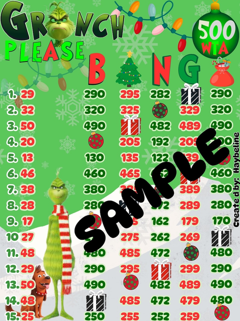 NEW!! 500 WTA Bingo Board- Grinch Please!! - Etsy