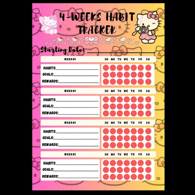 Pink Hello Kitty 4 Weeks Habit Tracker and Daily Planner and Gratitude ...