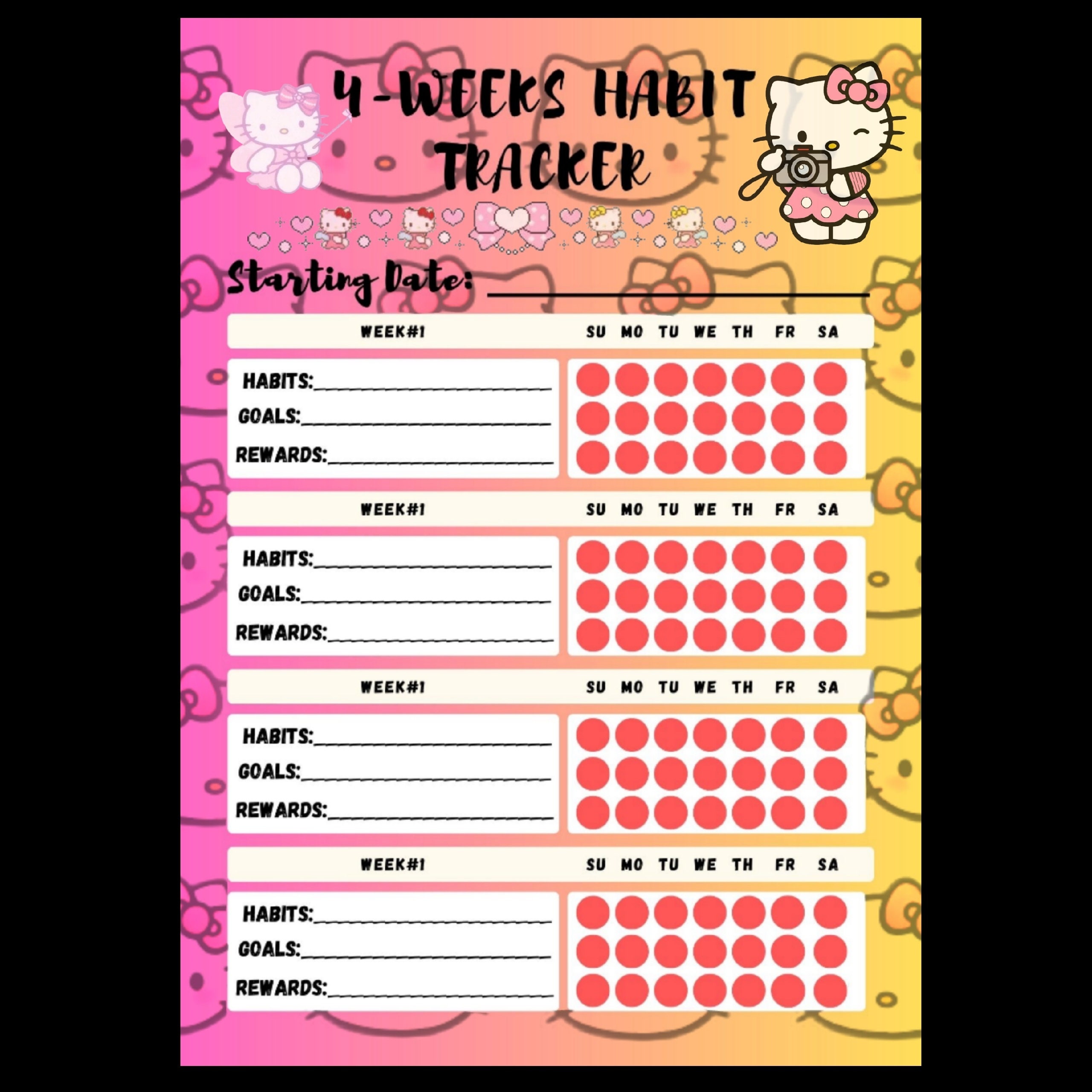 Pink Hello Kitty 4 Weeks Habit Tracker and Daily Planner and Gratitude ...