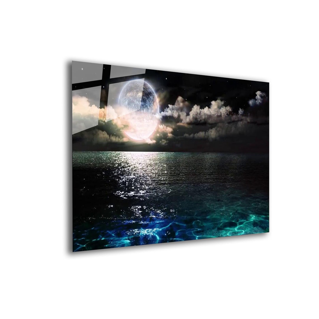 Full Moon Glass Print, Black Print on Tempered Glass, Blue Wall Decor ...