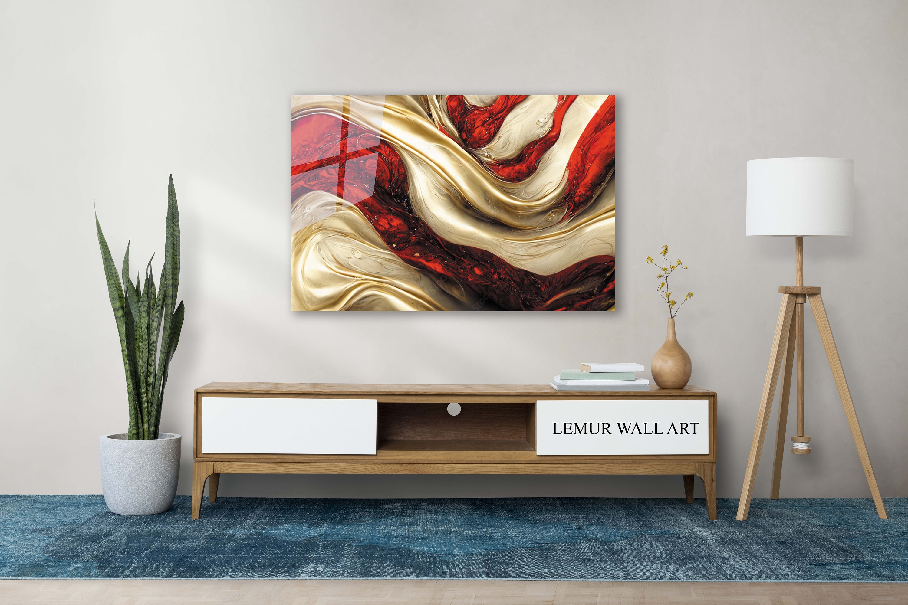 Liquid Gold Look on Red Tempered Glass Wall Art, Abstract Wall Decor ...