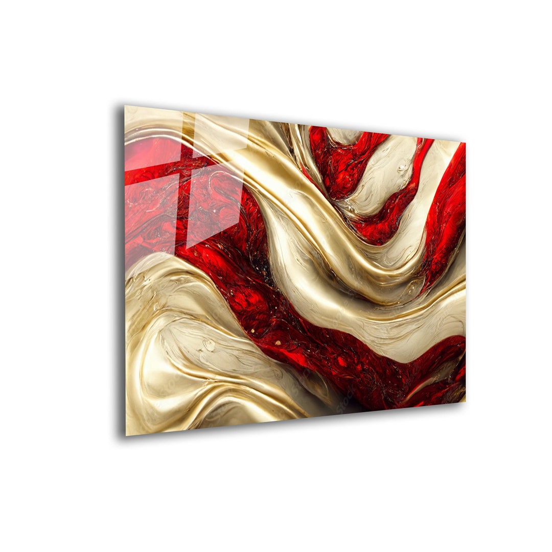 Liquid Gold Look on Red Tempered Glass Wall Art, Abstract Wall Decor ...
