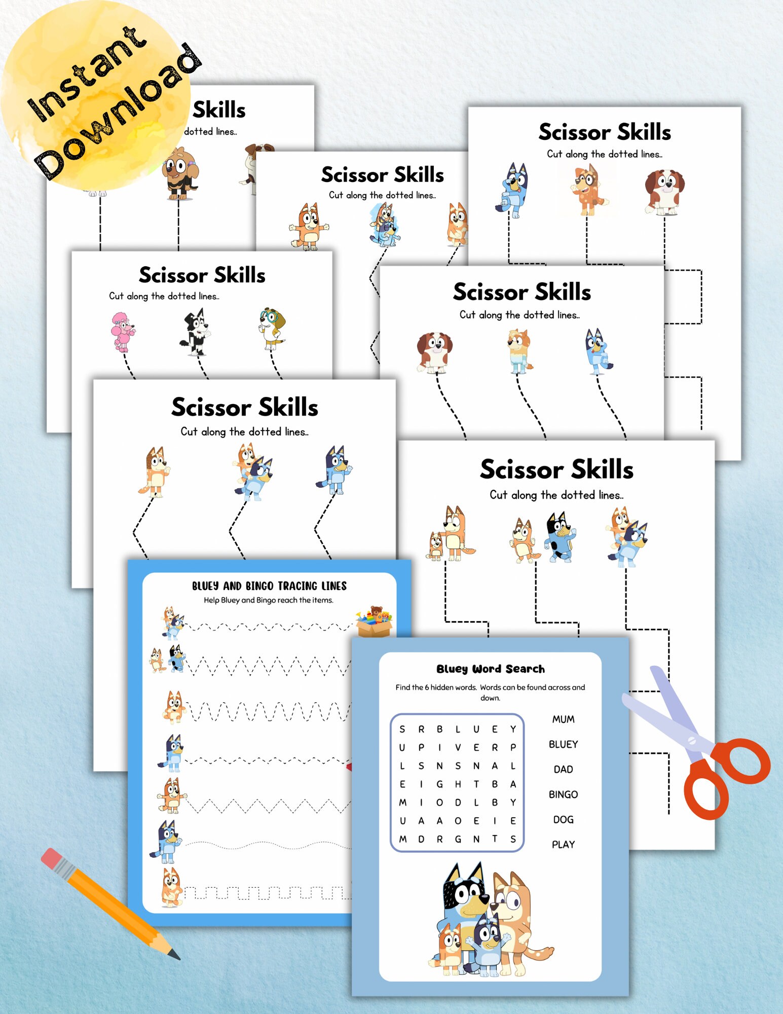 Bluey Scissors Cutting Practice Bingo and Blue Bluey and - Etsy