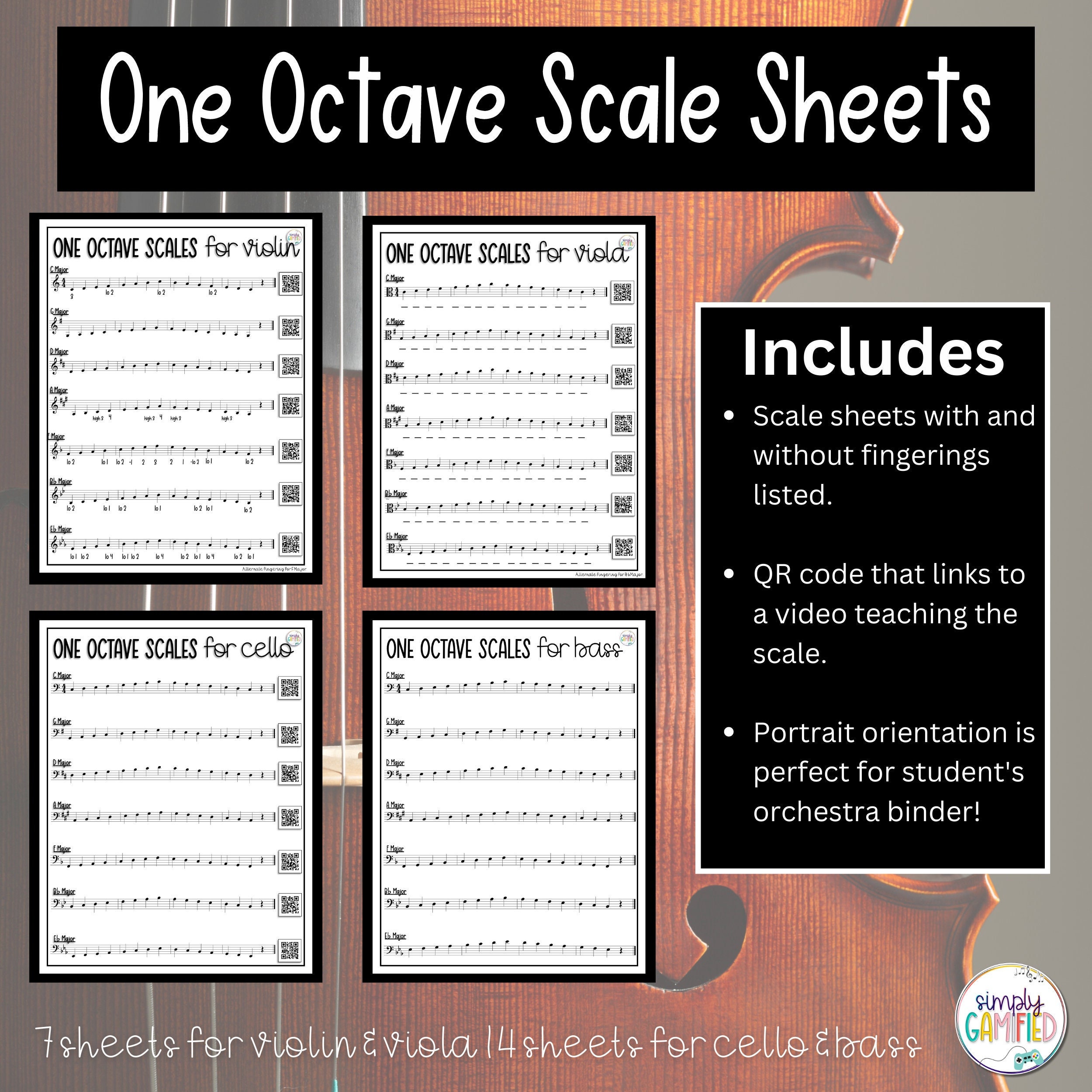 One Octave Scale Sheets for Violin, Viola, Cello and Bassstrings ...