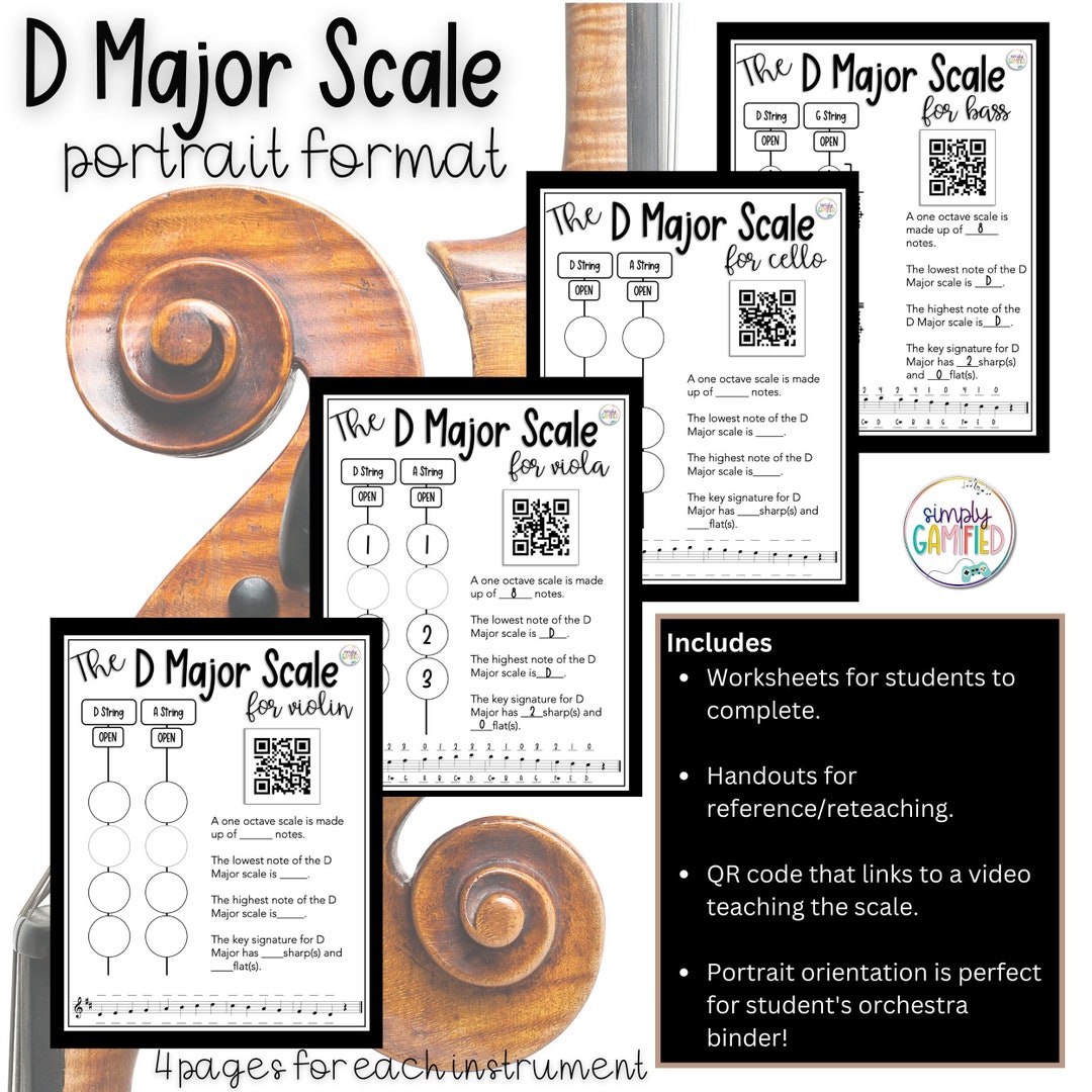 D Major Scale Worksheet one Octave-portrait Violin, Viola, Cello, Bass ...