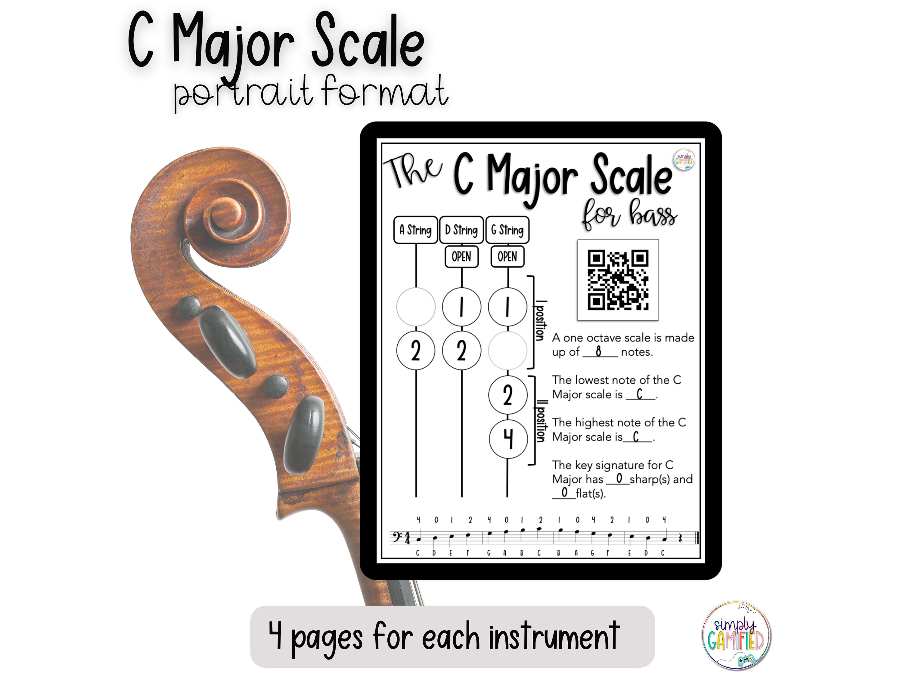 C Major Scale Worksheets one Octave-portrait Violin, Viola, Cello, Bass ...