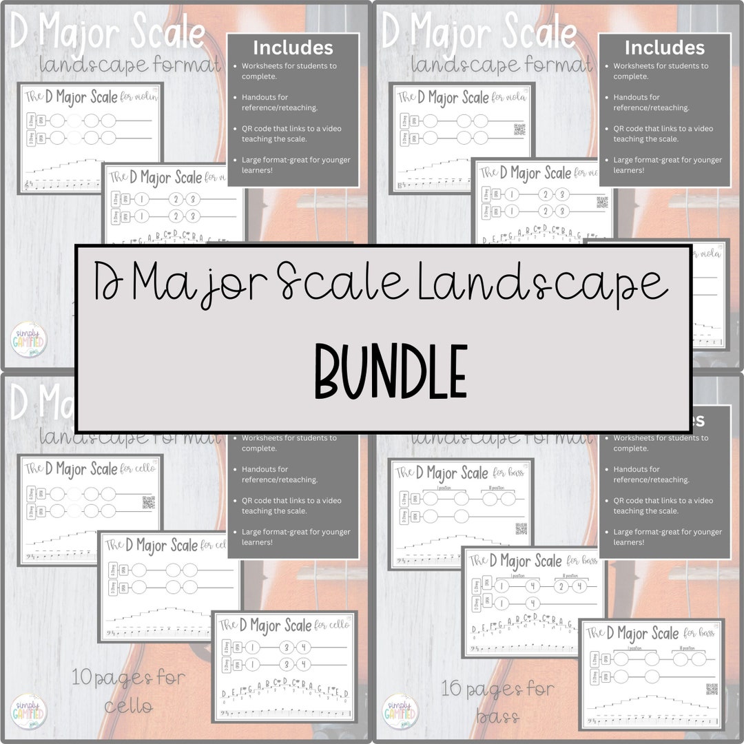 D Major Scale Worksheets Bundle (one Octave-landscape)| Violin, Viola ...